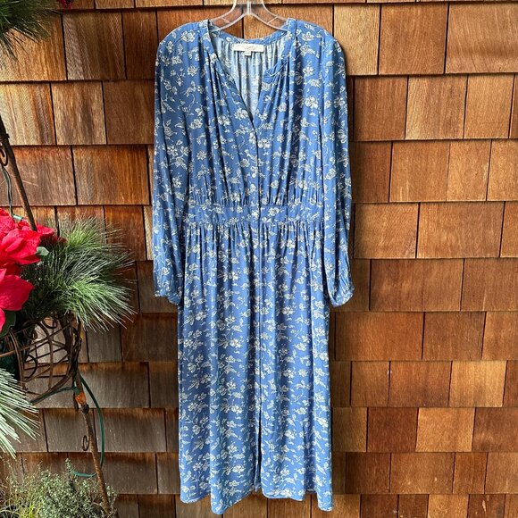 LOFT | Dresses | Nwot Loft Blue Floral Print Long Sleeve Midi Dress In ...